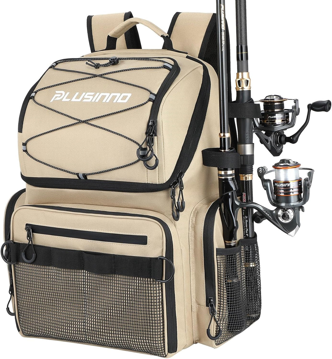 PLUSINNO 45L Large Water-resistant Backpack with Rod Holders & Cooler ...